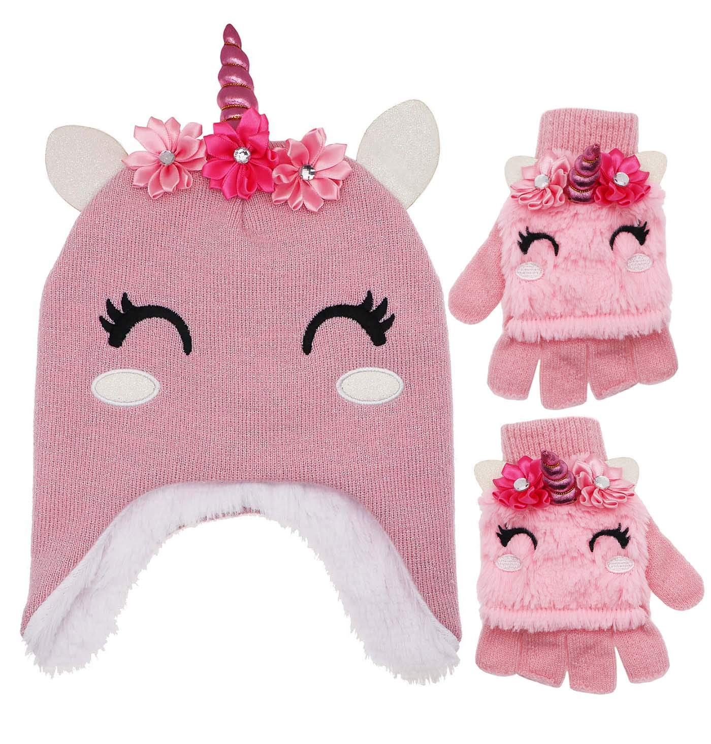 Little Girls Winter Unicorn Beanie Hat and Gloves Set Kids Knitted Earflap Cap Flip Top Mitten Set
