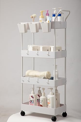 danpinera 4 Tier Slim Rolling Storage Cart for Kitchen, Office, Bedroom (White)