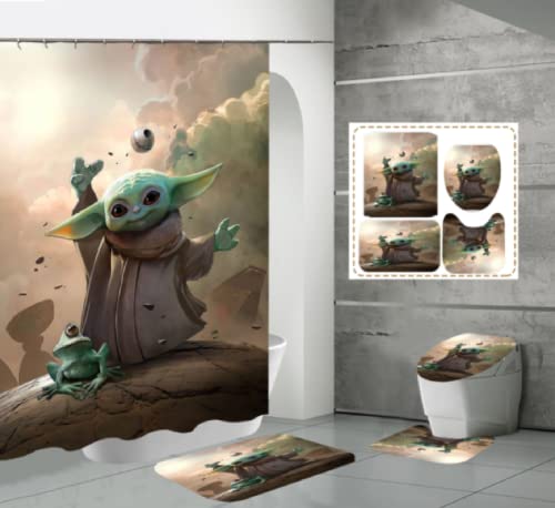 Xjsadxcz 4 Piece Baby Yoda Shower Curtain Sets with Including Square Non-Slip Floor Mat, U-Shaped Mat, Toilet lid Cover Mat, and Shower Curtain with ,72"x72"