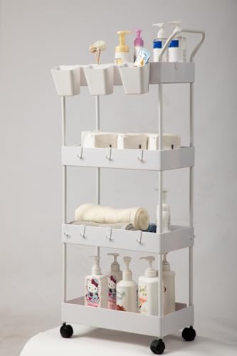 danpinera 4 Tier Slim Rolling Storage Cart for Kitchen, Office, Bedroom (White)