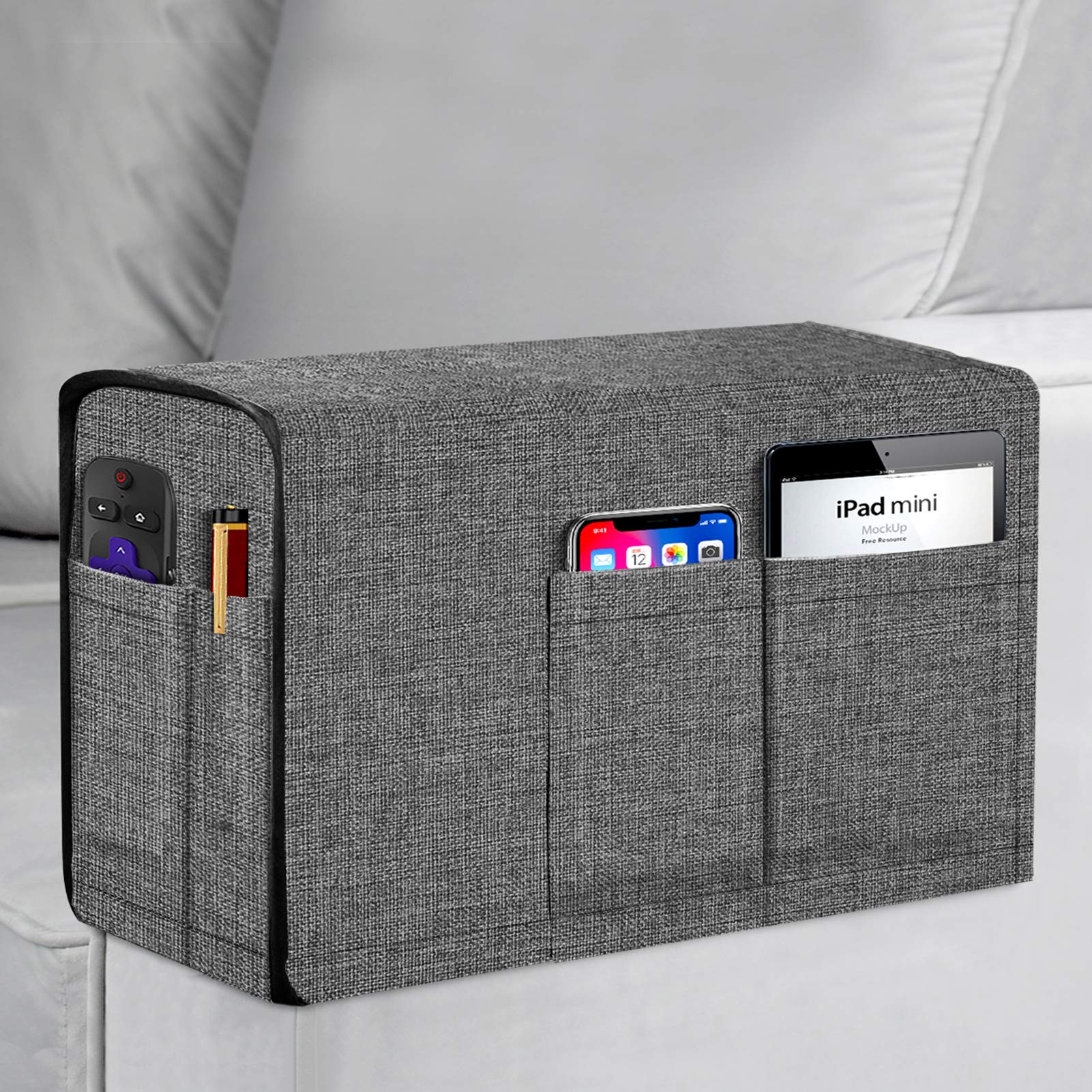 Joywell Recliner Narrow Linen Armrest Covers for Living Room Anti-Slip Sofa Arm Protector for Dogs, Cats, Pets Armchair Slipcover for Couch with 4 Pockets for TV Remote Control, Phone, 1 Pcs, Gray