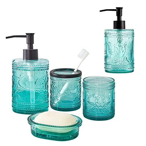 Teal Blue Glass Bathroom Accessories Set with Decorative Pressed Pattern - Includes 2 Hand Soap Dispenser & Tumbler & Soap Dish & Toothbrush Holder (Teal Blue)