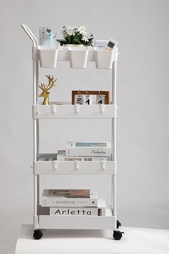 danpinera 4 Tier Slim Rolling Storage Cart for Kitchen, Office, Bedroom (White)