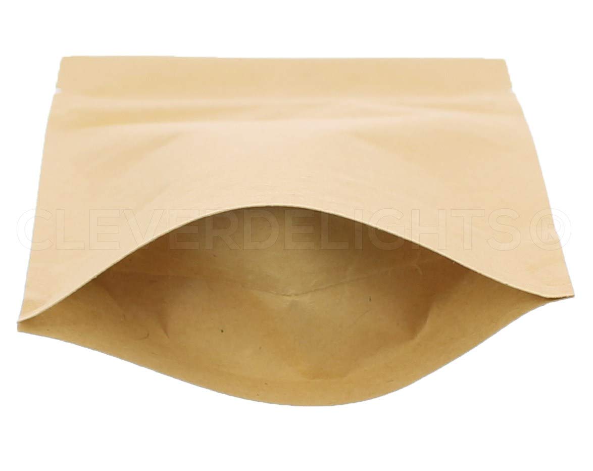 CleverDelights Kraft Stand Up Pouches - 2oz - 100 Pack - 4" x 6" x 2" - Resealable Bag