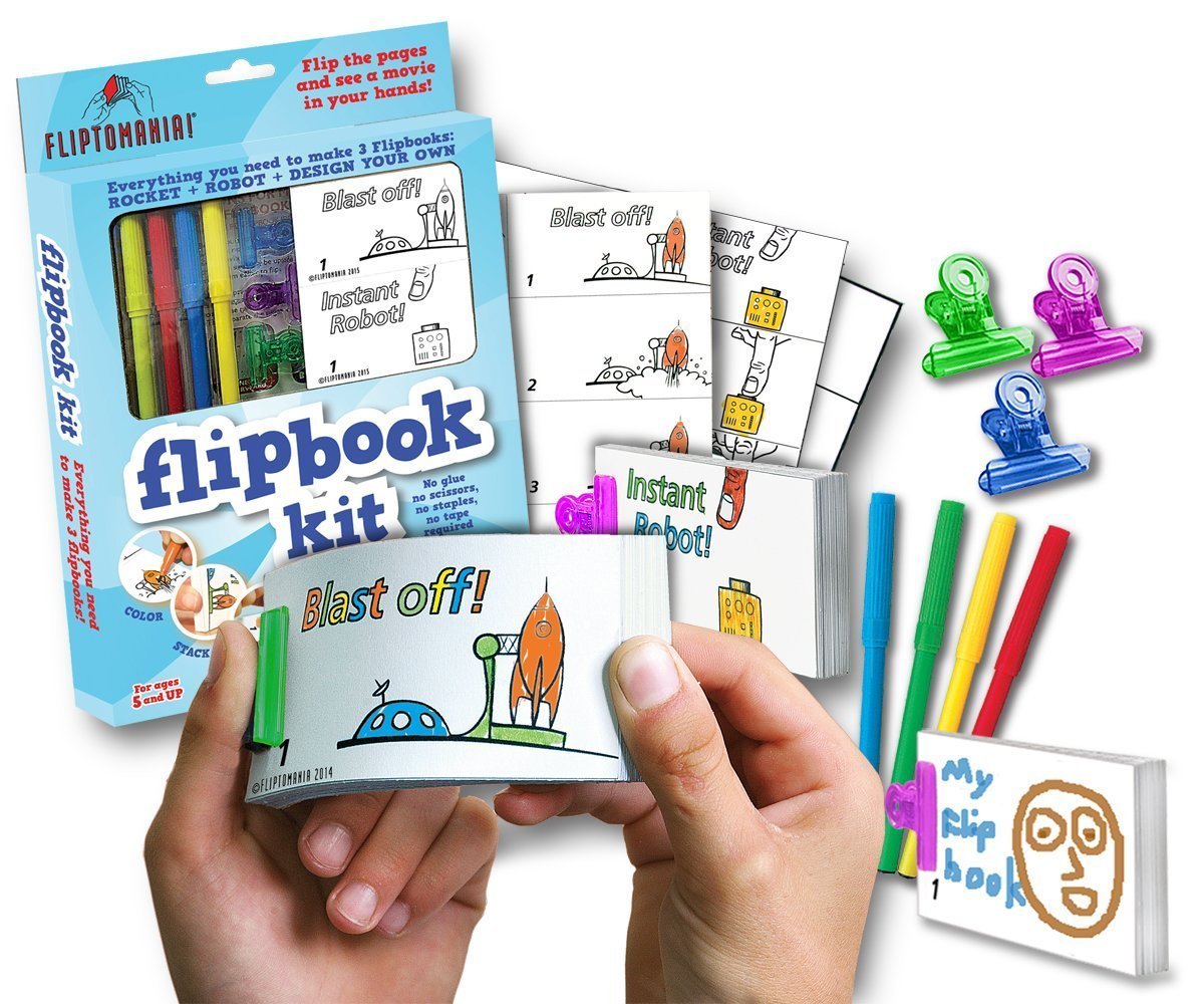 Fliptomania Bundle of 3 Flipbook Kits for Kids - Rocket & Robot, Frog and Butterfly, Dinosaurs - Save 15%