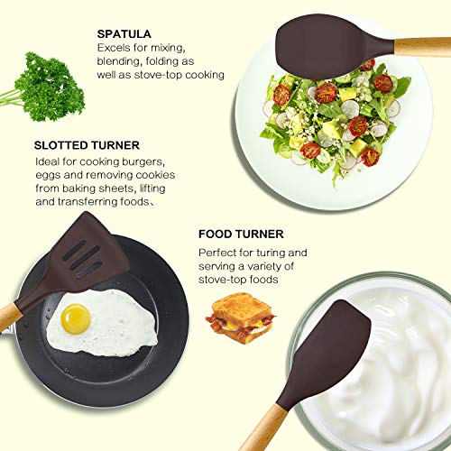 Kinfayv Silicone Cooking Utensils Kitchen Utensil Set, 21 PCS Wooden Handle Nontoxic BPA Free Silicone Spoon Spatula Turner Tongs Kitchen Gadgets Utensil Set for Nonstick Cookware with Holder (Coffee)