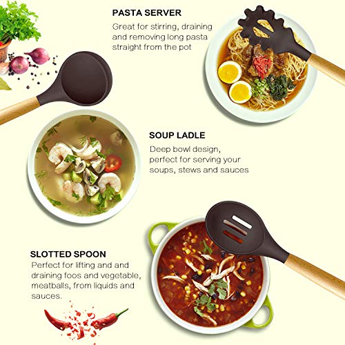 Kinfayv Silicone Cooking Utensils Kitchen Utensil Set, 21 PCS Wooden Handle Nontoxic BPA Free Silicone Spoon Spatula Turner Tongs Kitchen Gadgets Utensil Set for Nonstick Cookware with Holder (Coffee)