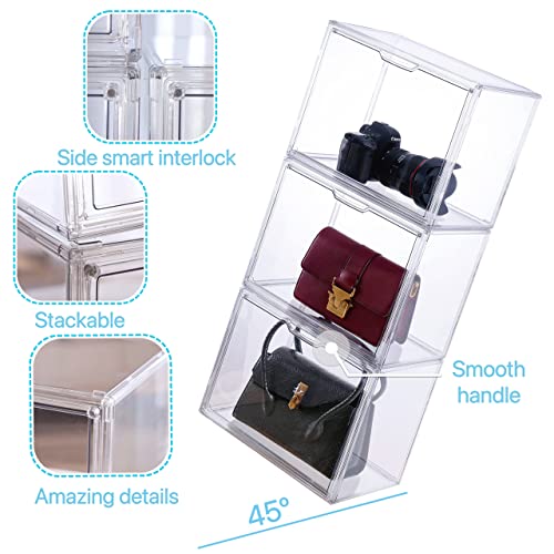 ZLLZUU Purse and Handbag Storage Organizer for Closet, Clear Acrylic Display Case for Collectibles, 3 Pack Plastic Storage Boxes with Magnetic Door for Wallet, Cosmetic, Toys (Large Door)
