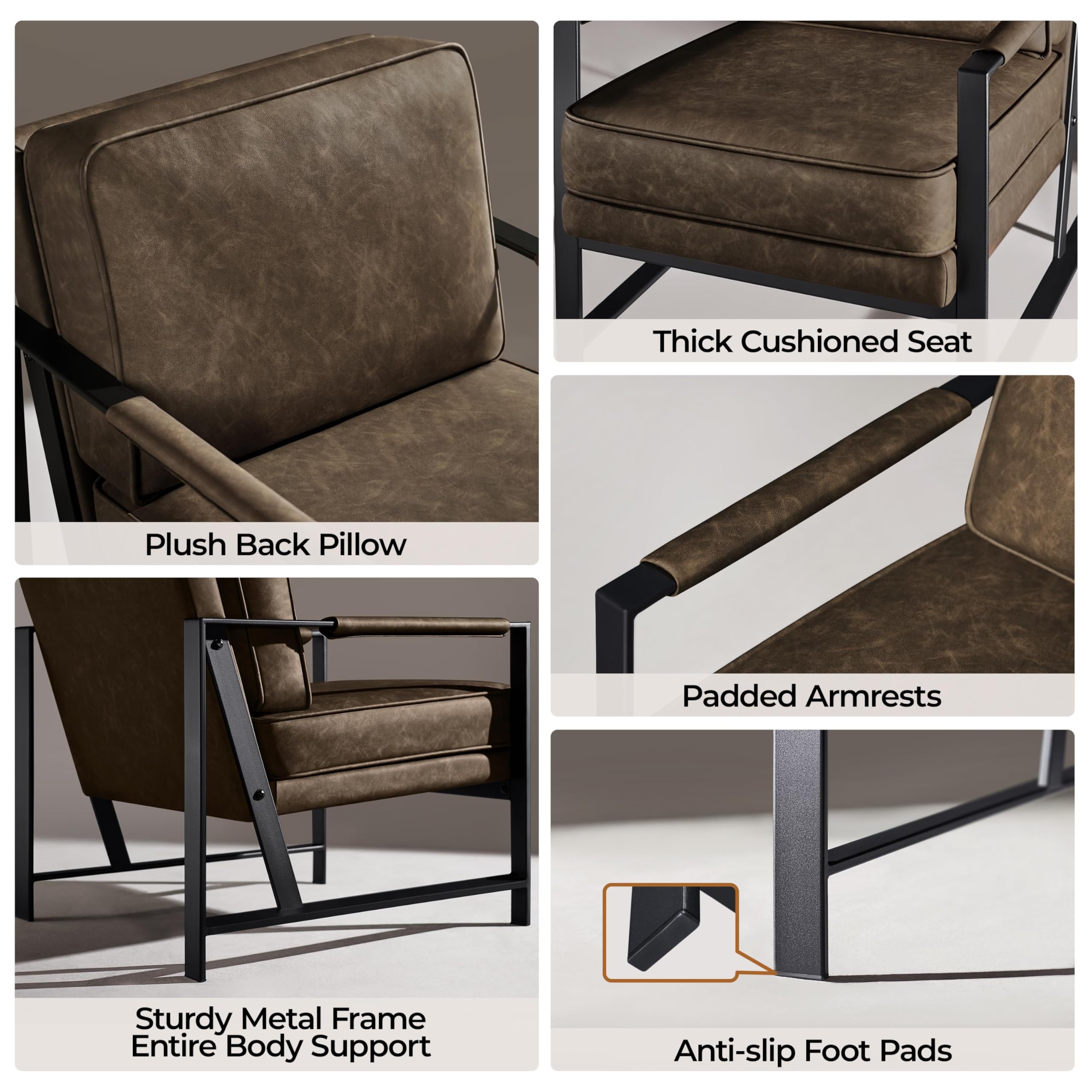 Yaheetech PU Leather Armchair, Retro Leisure Accent Chair with Extra Soft Padded and Cushion, Modern Reading Arm Chair with Black Metal Frame for Living Room/Office/Bedroom/Study, Brown