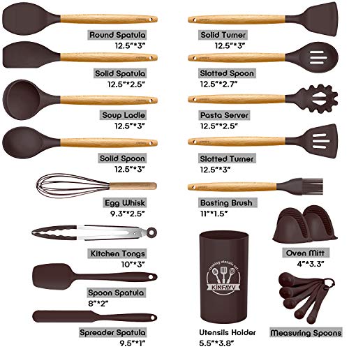 Kinfayv Silicone Cooking Utensils Kitchen Utensil Set, 21 PCS Wooden Handle Nontoxic BPA Free Silicone Spoon Spatula Turner Tongs Kitchen Gadgets Utensil Set for Nonstick Cookware with Holder (Coffee)