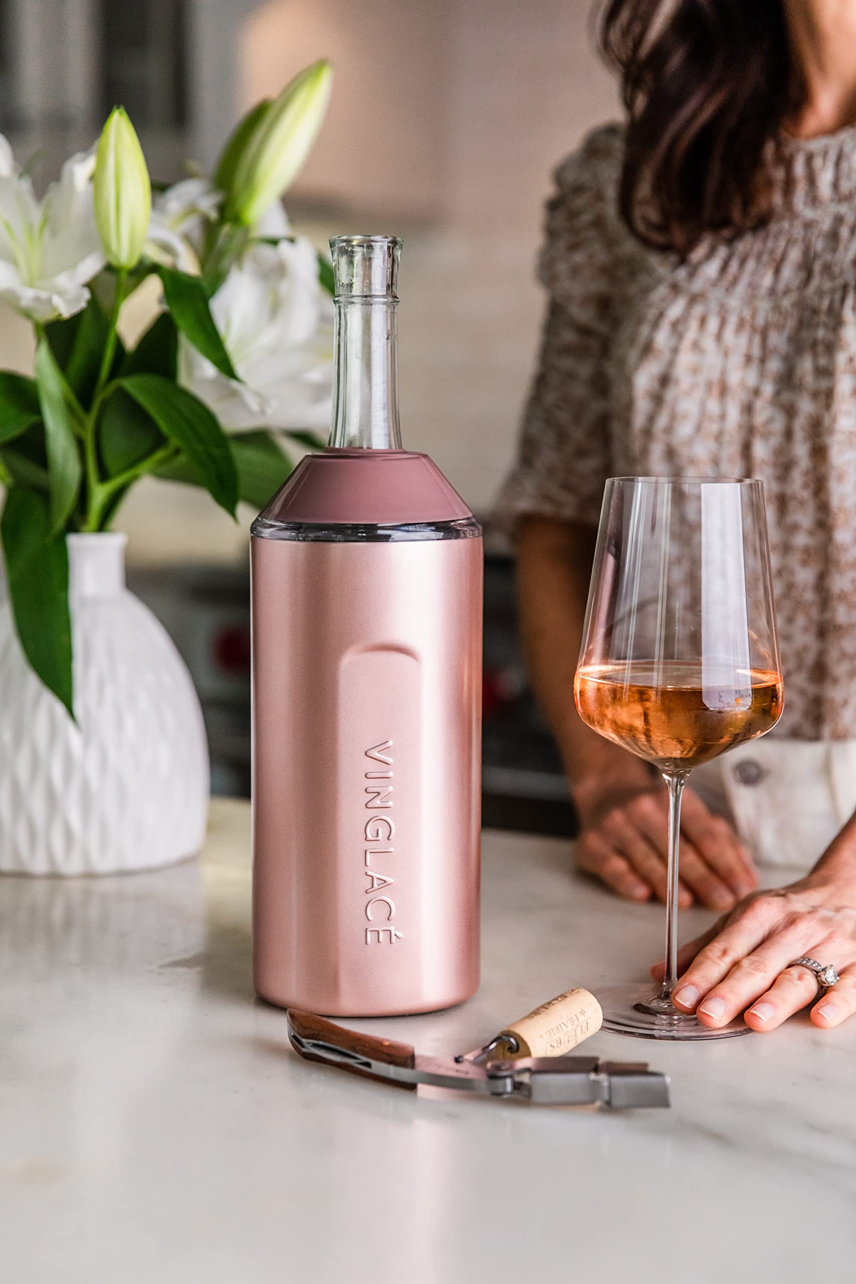 Vinglacé Wine Bottle Chiller- Portable Champagne Insulator- Stainless Steel Wine Cooler Sleeve, Rose Gold