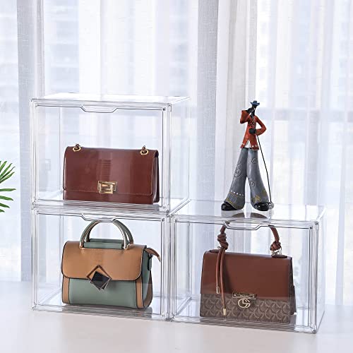 ZLLZUU Purse and Handbag Storage Organizer for Closet, Clear Acrylic Display Case for Collectibles, 3 Pack Plastic Storage Boxes with Magnetic Door for Wallet, Cosmetic, Toys (Large Door)