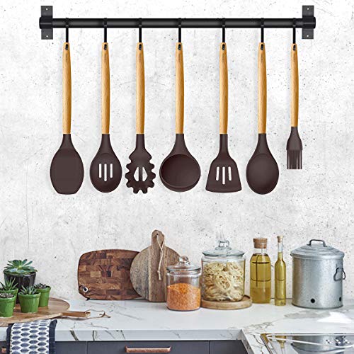 Kinfayv Silicone Cooking Utensils Kitchen Utensil Set, 21 PCS Wooden Handle Nontoxic BPA Free Silicone Spoon Spatula Turner Tongs Kitchen Gadgets Utensil Set for Nonstick Cookware with Holder (Coffee)