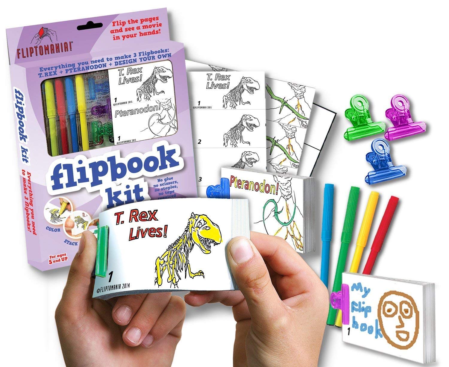 Fliptomania Bundle of 3 Flipbook Kits for Kids - Rocket & Robot, Frog and Butterfly, Dinosaurs - Save 15%