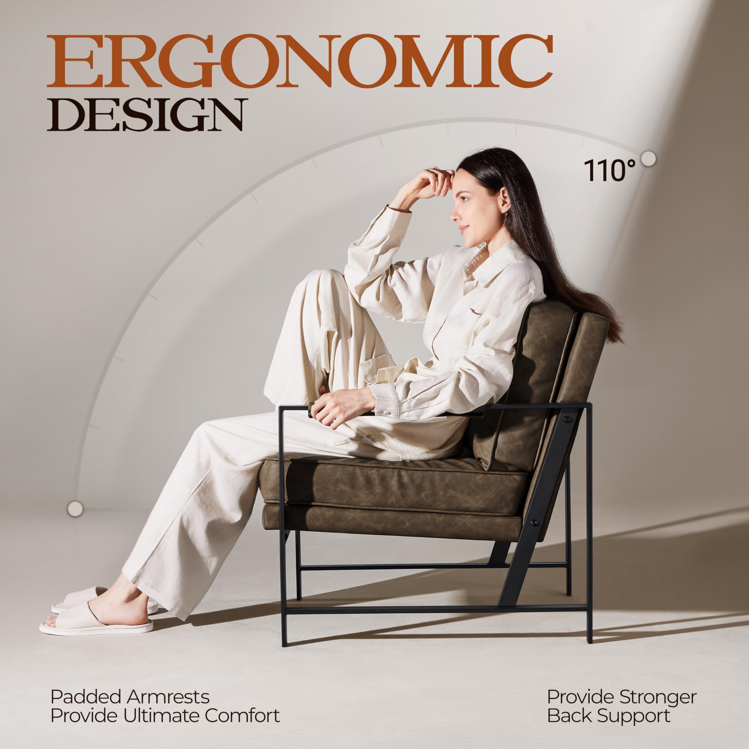 Yaheetech PU Leather Armchair, Retro Leisure Accent Chair with Extra Soft Padded and Cushion, Modern Reading Arm Chair with Black Metal Frame for Living Room/Office/Bedroom/Study, Brown