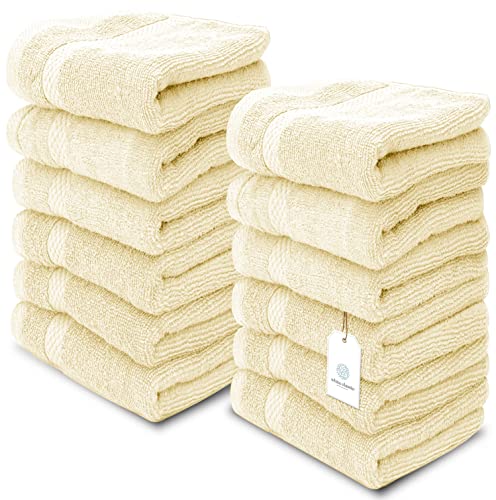 White Classic Luxury Hand Towels | 6 Pack Luxury Cotton Washcloths | 12 Pack Bundle (Beige)