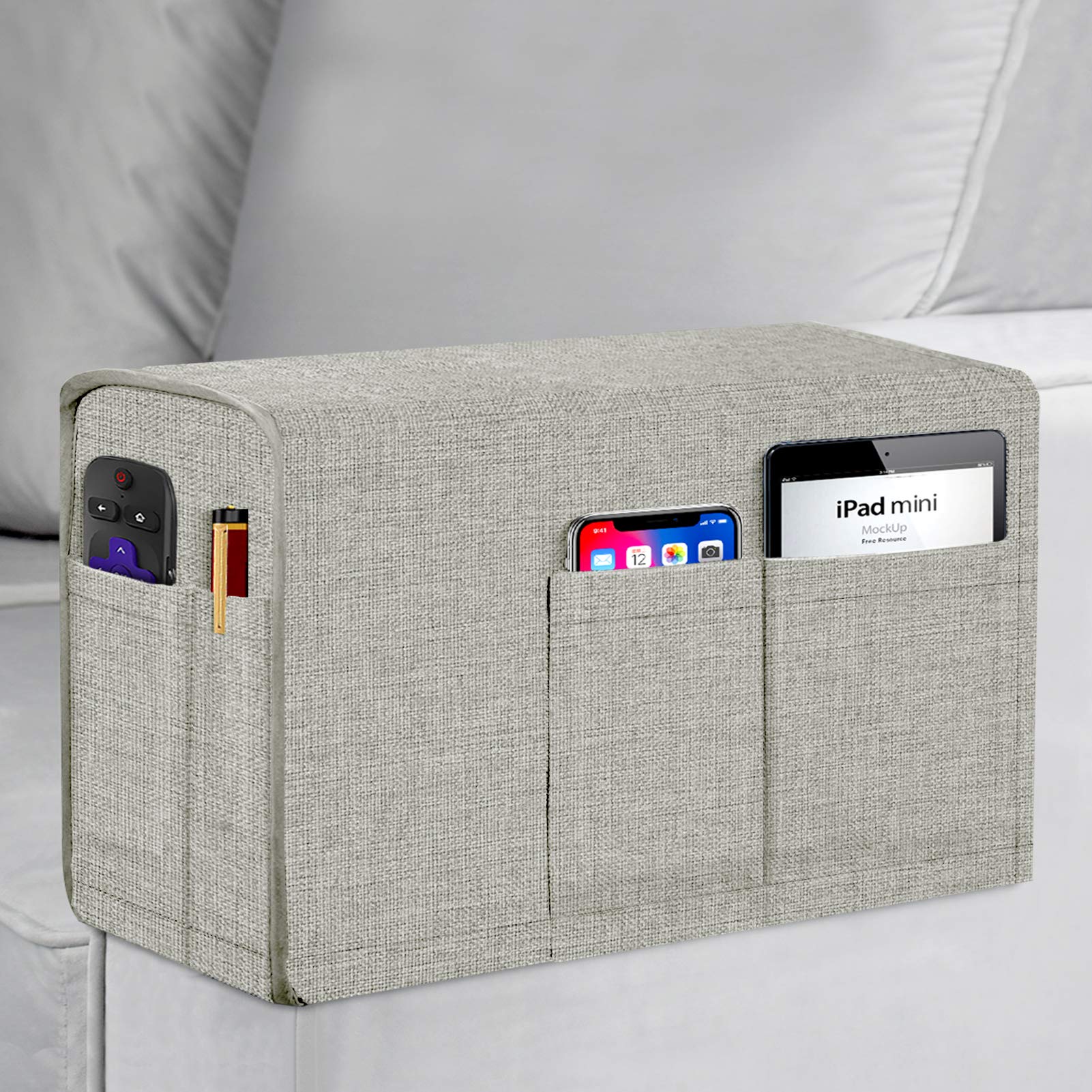 Joywell Linen Armrest Covers for Living Room Anti-Slip Sofa Arm Protector for Dogs, Cats, Pets Armchair Slipcover for Recliner with 4 Pockets for TV Remote Control, Phone, 1 Pcs, Silver Grey