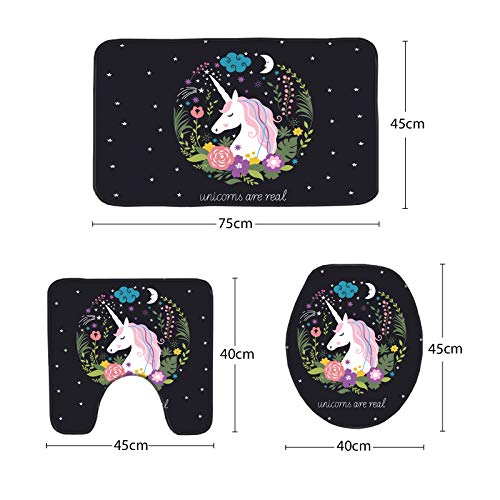 Amagical Unicorns are Real Pattern 16 Piece Bathroom Mat Set Shower Curtain Set Bath Mat Contour Mat Toilet Cover Fabric Shower Curtain with 12 Hooks Black (16)
