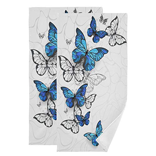 Oreayn Blue and White Butterfly Hand Towel for Bathroom Kitchen Beach Polyester Cotton Set of 2 Morpho Butterflies Fingertip Towel Soft Absorbent 28.3 x 14.4 Inch