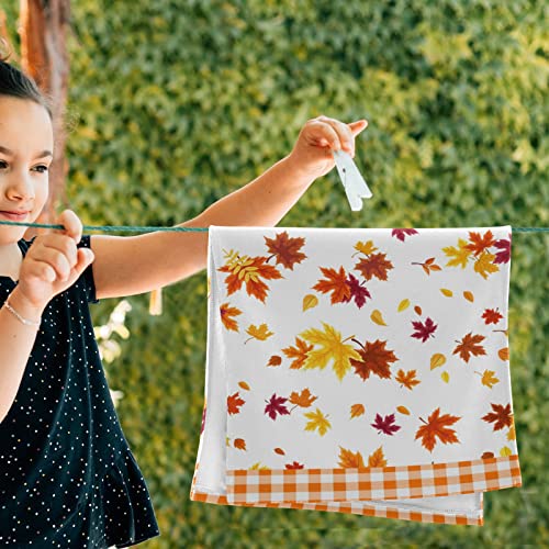 Pfrewn Fall Autumn Maple Leaves Hand Towels for Bathroom Set of 2 Orange Plaid Check Tartan Kitchen Dish Hanging Towel Absorbent Soft Thanksgiving Day Decor, 16x30 in