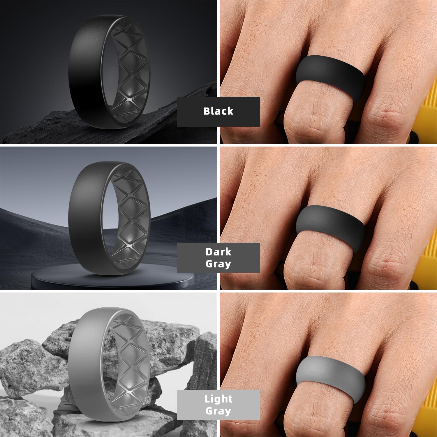 Egnaro Silicone Ring Men, Inner Arc Ergonomic Breathable Design Mens Rubber Wedding Band, 7 Rings / 4 Rings / 1 Ring Engagement Bands Promise Anniversary Rings, Suitable for Sports, Workout, Gym
