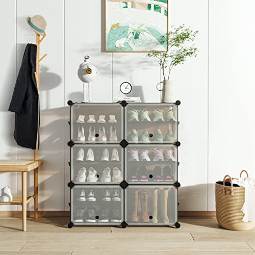 UNZIPE Shoe Rack with Door, 56 Pairs Shoes Storage Cabinet Plastic Freestanding Shoe Shelves DIY Cube Organizer for Closet, Bedroom,Garage Entryway, Dark Coffee