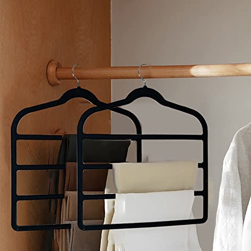 Velvet Pants Hangers Space Saving Hangers Closet Organizer for Jeans Slack Trousers Scarf Tie Pants Rack Leggings Hanger Non-Slip Hangers Multiple Clothes Holder (Black, 5)