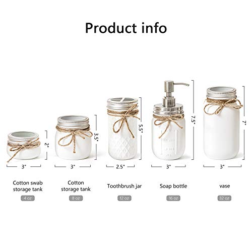 Mkono Mason Jar Bathroom Accessories Set White Mason Jars Bathroom Organizer Include Liquid Soap Dispenser,Cotton Swab,Tissue,Toothbrush Holder,Rustic Country Countertop Fall Decor 5 Piece, White