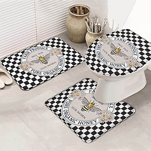 Bathroom Rugs Mat Sets 3 Piece, Black and White Checkered Bath Shower Rugs with U-Shaped Contour Toilet Mat, Insert Bee Vintage Floral Non Slip Absorbent Bathtub Runner Rugs Floor Mats