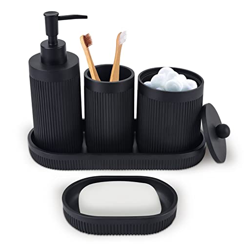Bathroom Accessory Set,5 PCS Black Bathroom Accessories Set Complete with Lotion Soap Dispenser,Toothbrush Holder,Qtip Holder,Vanity Tray and Soap Dish,Bathroom Decor Countertop Organizer,Matte Black