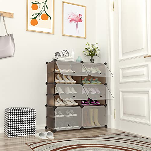 UNZIPE Shoe Rack with Door, 56 Pairs Shoes Storage Cabinet Plastic Freestanding Shoe Shelves DIY Cube Organizer for Closet, Bedroom,Garage Entryway, Dark Coffee