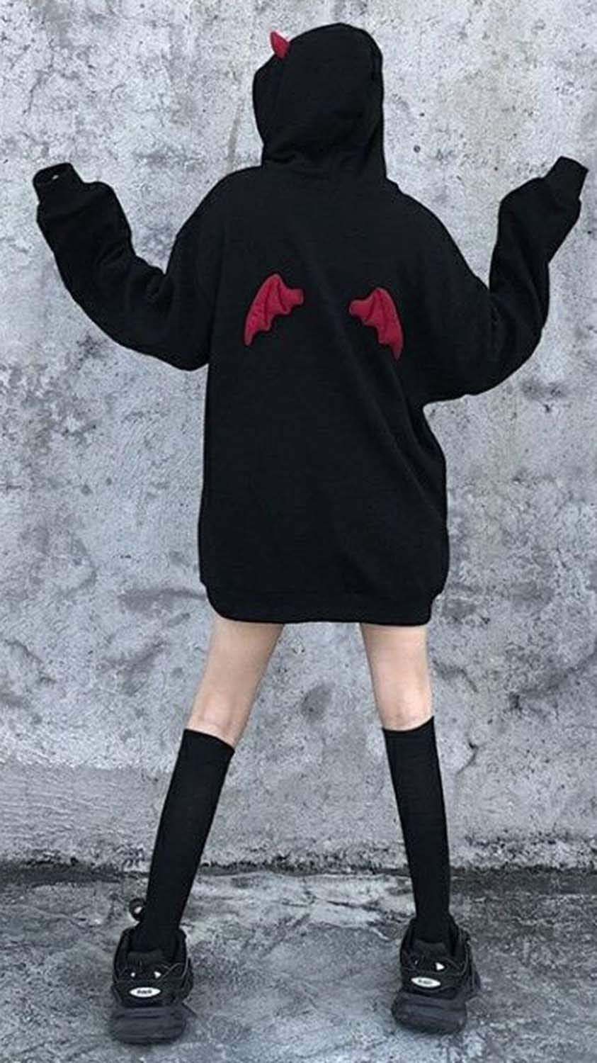 kydely Womens Devil Wings Red Horn Sweatshirt Long Sleeve Hoodie Pullover Hooded Tops, Black, X-Large
