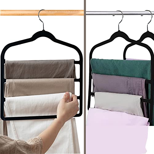 Velvet Pants Hangers Space Saving Hangers Closet Organizer for Jeans Slack Trousers Scarf Tie Pants Rack Leggings Hanger Non-Slip Hangers Multiple Clothes Holder (Black, 5)