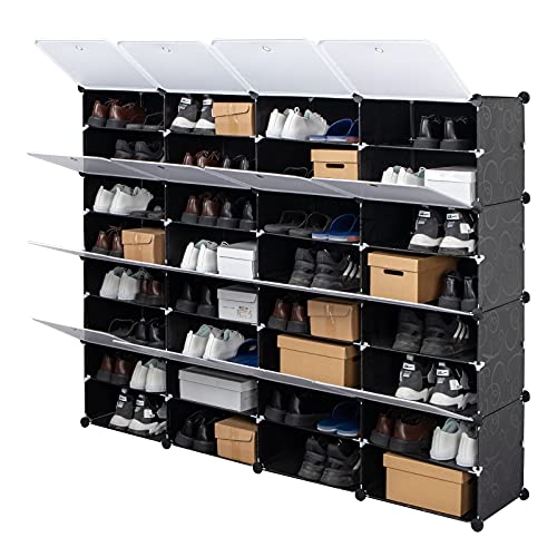 DESIGNSCAPE3D 8 Tier Portable 64 Pair Shoe Rack Organizer 32 Grids Cube Storage Organizer with Doors Expandable for Heels, Boots, Slippers, Black