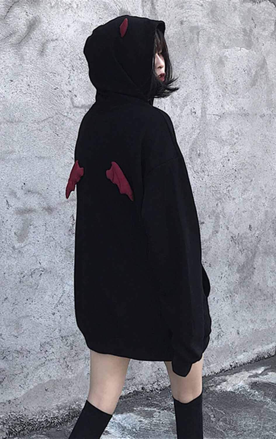 kydely Womens Devil Wings Red Horn Sweatshirt Long Sleeve Hoodie Pullover Hooded Tops, Black, X-Large