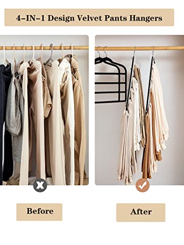 Velvet Pants Hangers Space Saving Hangers Closet Organizer for Jeans Slack Trousers Scarf Tie Pants Rack Leggings Hanger Non-Slip Hangers Multiple Clothes Holder (Black, 5)