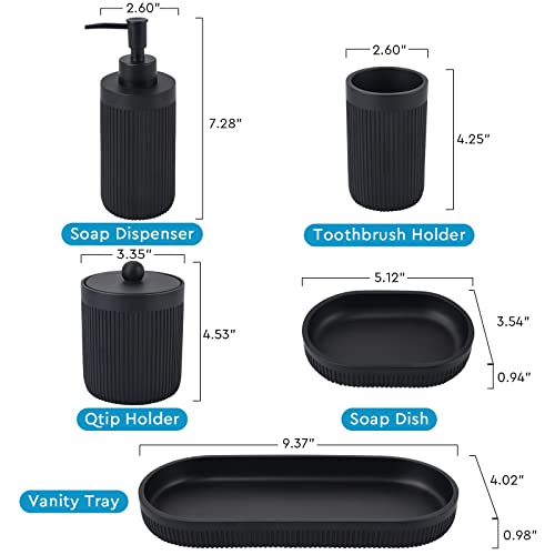 Bathroom Accessory Set,5 PCS Black Bathroom Accessories Set Complete with Lotion Soap Dispenser,Toothbrush Holder,Qtip Holder,Vanity Tray and Soap Dish,Bathroom Decor Countertop Organizer,Matte Black