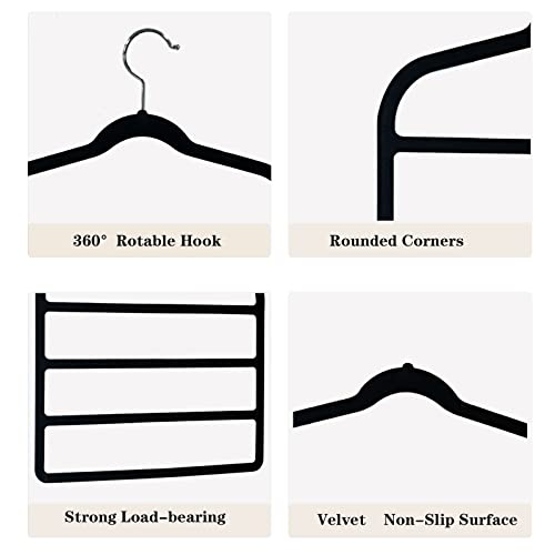 Velvet Pants Hangers Space Saving Hangers Closet Organizer for Jeans Slack Trousers Scarf Tie Pants Rack Leggings Hanger Non-Slip Hangers Multiple Clothes Holder (Black, 5)