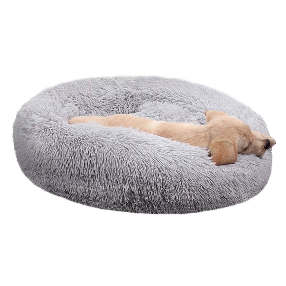 BODISEINT Faux Fur Dog Bed Cat Bed,Shag Round Anti-Anxiety Pet Calming Bed Doughnut Cuddler for Medium Large Puppy Dog Cat Kennel Cushion Self Warming Bed (28'' D x 8" H, Light Grey)