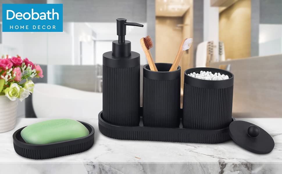 Bathroom Accessory Set,5 PCS Black Bathroom Accessories Set Complete with Lotion Soap Dispenser,Toothbrush Holder,Qtip Holder,Vanity Tray and Soap Dish,Bathroom Decor Countertop Organizer,Matte Black