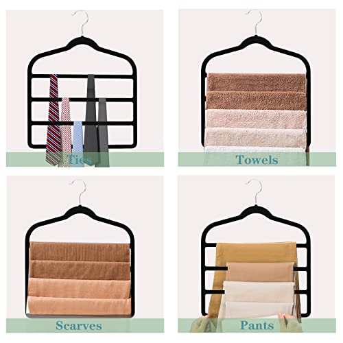Velvet Pants Hangers Space Saving Hangers Closet Organizer for Jeans Slack Trousers Scarf Tie Pants Rack Leggings Hanger Non-Slip Hangers Multiple Clothes Holder (Black, 5)