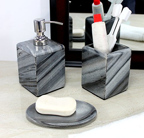 KLEO - Bathroom Accessory Set Made from Natural Stone - Bath Accessories Set Includes Soap Dispenser, Toothbrush Holder, Soap Dish (Grey - Set of 3)