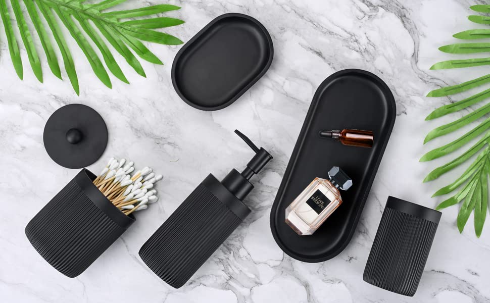 Bathroom Accessory Set,5 PCS Black Bathroom Accessories Set Complete with Lotion Soap Dispenser,Toothbrush Holder,Qtip Holder,Vanity Tray and Soap Dish,Bathroom Decor Countertop Organizer,Matte Black