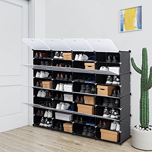 DESIGNSCAPE3D 8 Tier Portable 64 Pair Shoe Rack Organizer 32 Grids Cube Storage Organizer with Doors Expandable for Heels, Boots, Slippers, Black