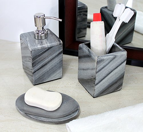 KLEO - Bathroom Accessory Set Made from Natural Stone - Bath Accessories Set Includes Soap Dispenser, Toothbrush Holder, Soap Dish (Grey - Set of 3)