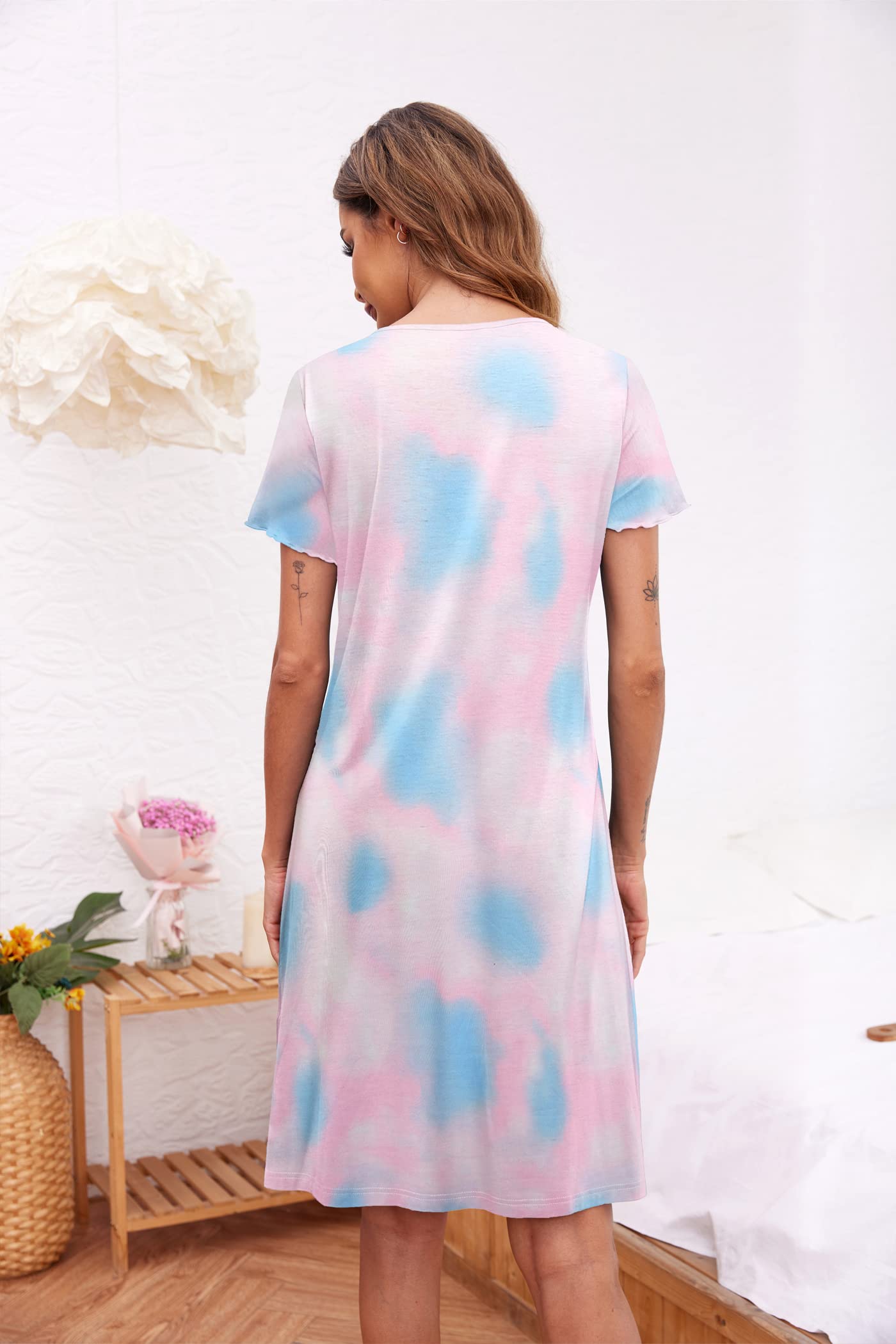 Ekouaer Women's Nightshirt Christmas Patterns Short Sleeve Button Down Nightgown V-Neck Sleepwear Pajama Dress, A-Blue Rose, M