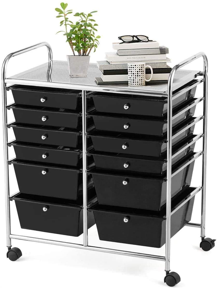 ReunionG 12-Drawer Storage Cart, Rolling Organizer with 4 Large & 8 Small Drawers, Steel Frame, Black
