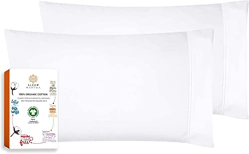 100% Organic Cotton Pillowcases - Soft and Crisp, Cooling Percale Weave, Breathable Pillow Covers, Sleep Mantra, Set of 2 (King Size, White)