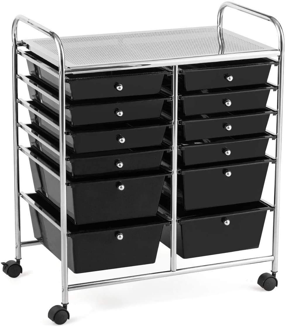 ReunionG 12-Drawer Storage Cart, Rolling Organizer with 4 Large & 8 Small Drawers, Steel Frame, Black