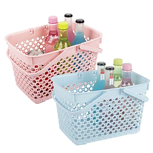 Anyoifax 2 Pack Portable Shower Caddy Tote, Plastic Storage Basket with Handle Bath Organizer Bin for Bathroom, Pantry, Kitchen, College Dorm, Set of 2, Blue & Pink